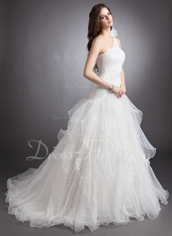 Ball Gown One Shoulder Chapel Train Organza Wedding Dress With Flower S