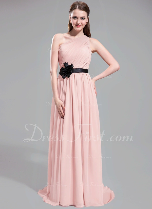 A Line Princess One Shoulder Sweep Train Chiffon Bridesmaid Dress With