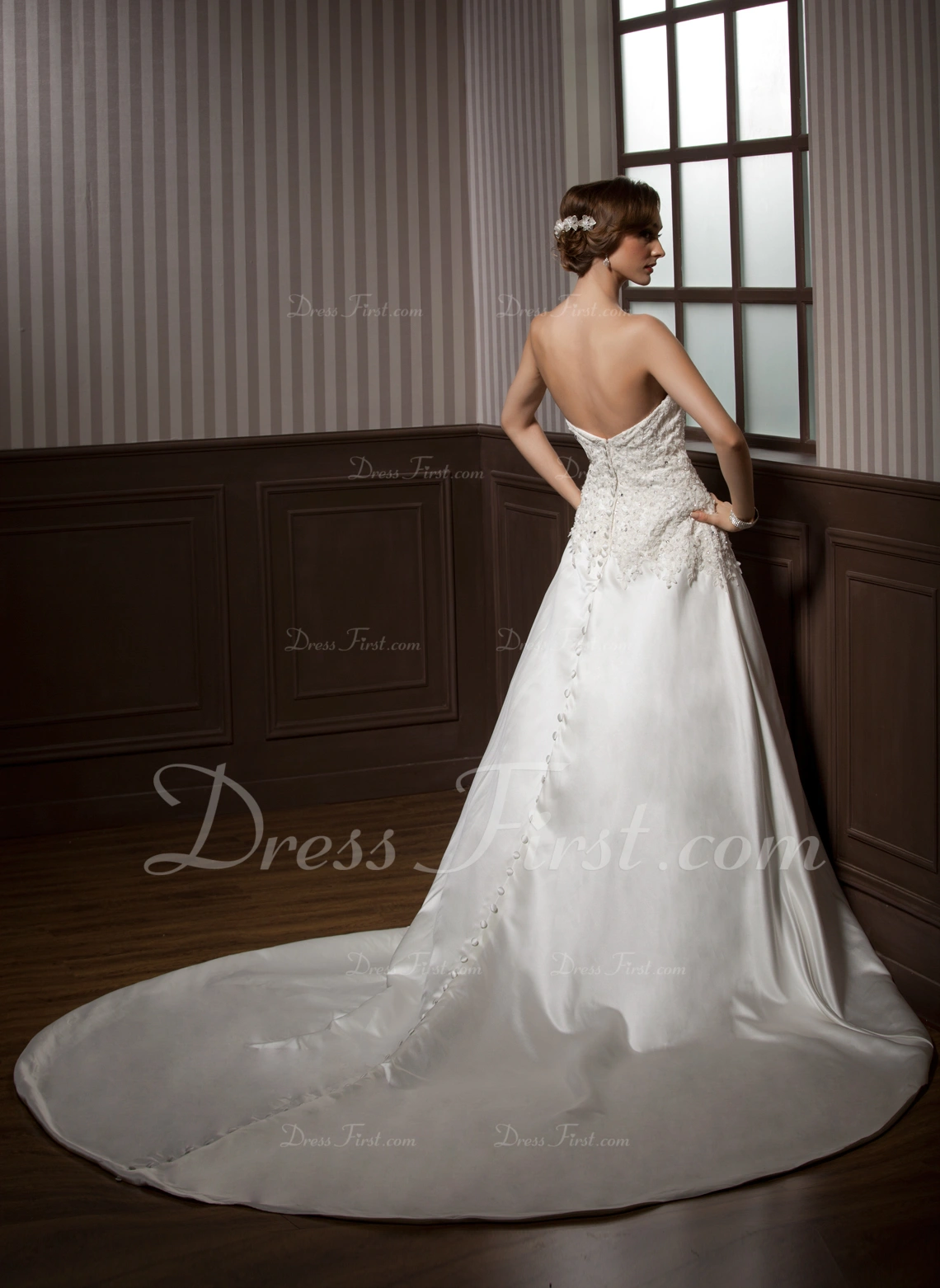 Ball Gown Sweetheart Cathedral Train Satin Wedding Dress With Lace