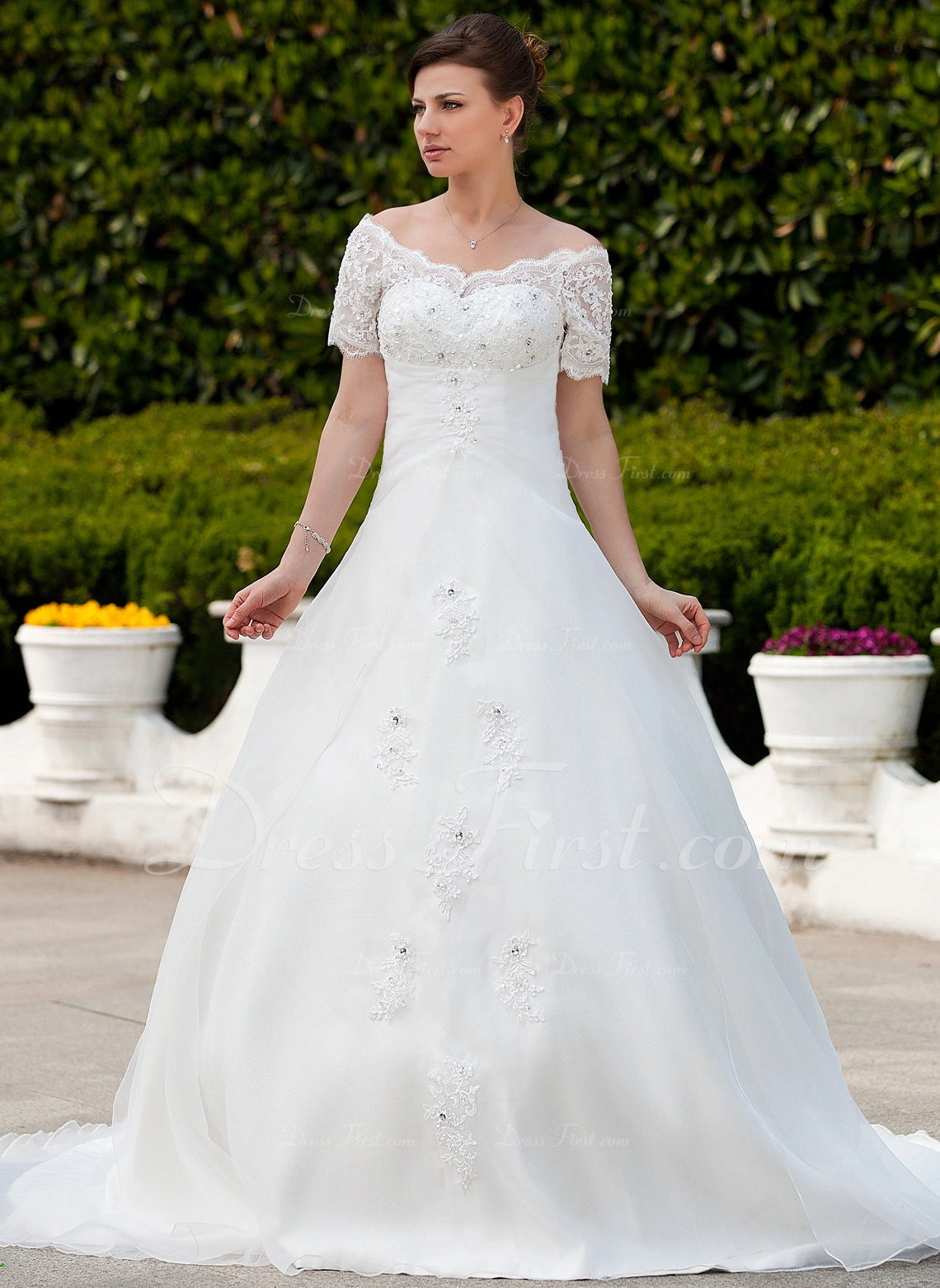 Ball Gown Off The Shoulder Chapel Train Organza Wedding Dress With