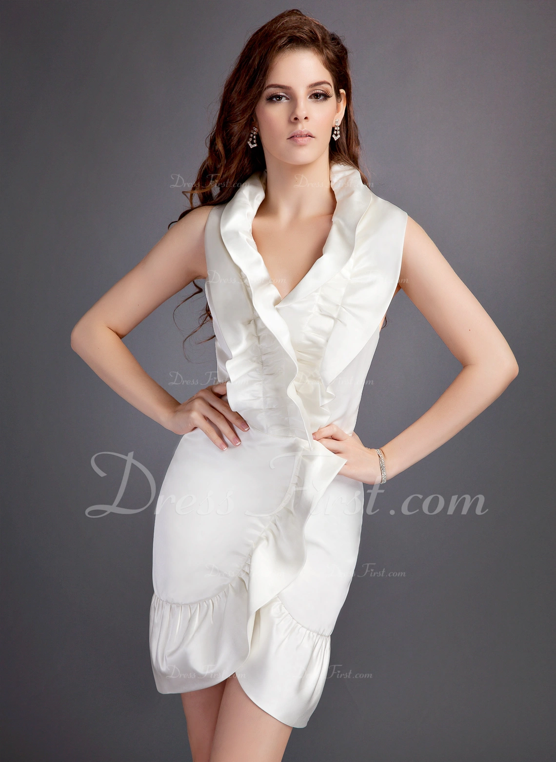 Sheath Column Halter Short Mini Satin Cocktail Dress With Cascading
