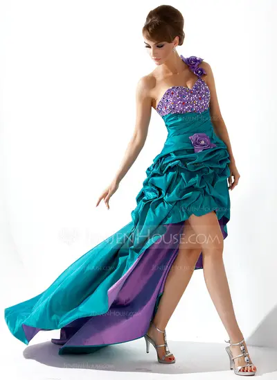 A-Line/Princess One-Shoulder Asymmetrical Taffeta Prom Dresses With ...