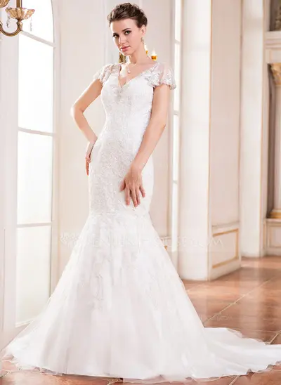 Trumpet/Mermaid V-neck Court Train Lace Wedding Dress With Beading ...