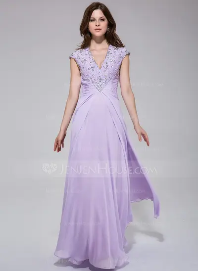 A-Line/Princess V-neck Floor-Length Chiffon Prom Dress With Ruffle Lace ...